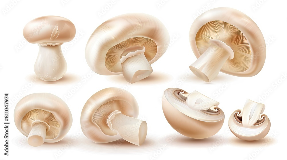 Realistic illustration of various shapes and angles of edible mushrooms ...
