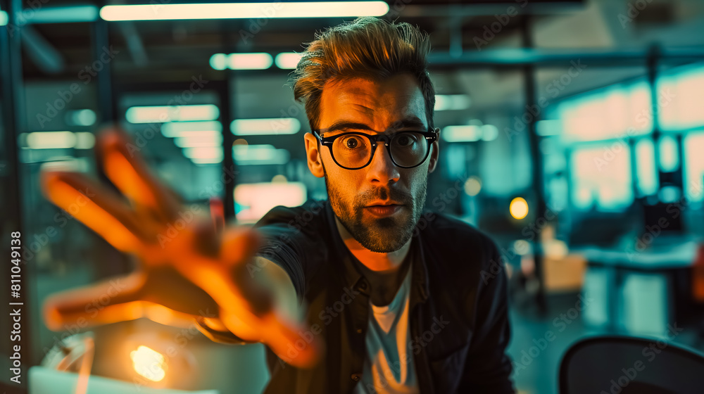 Confused developer reaching hand out, inexperienced in team. Stock ...