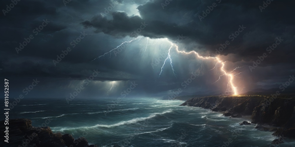 Lightning over the sea ocean. Storm lightning. A huge branched ...