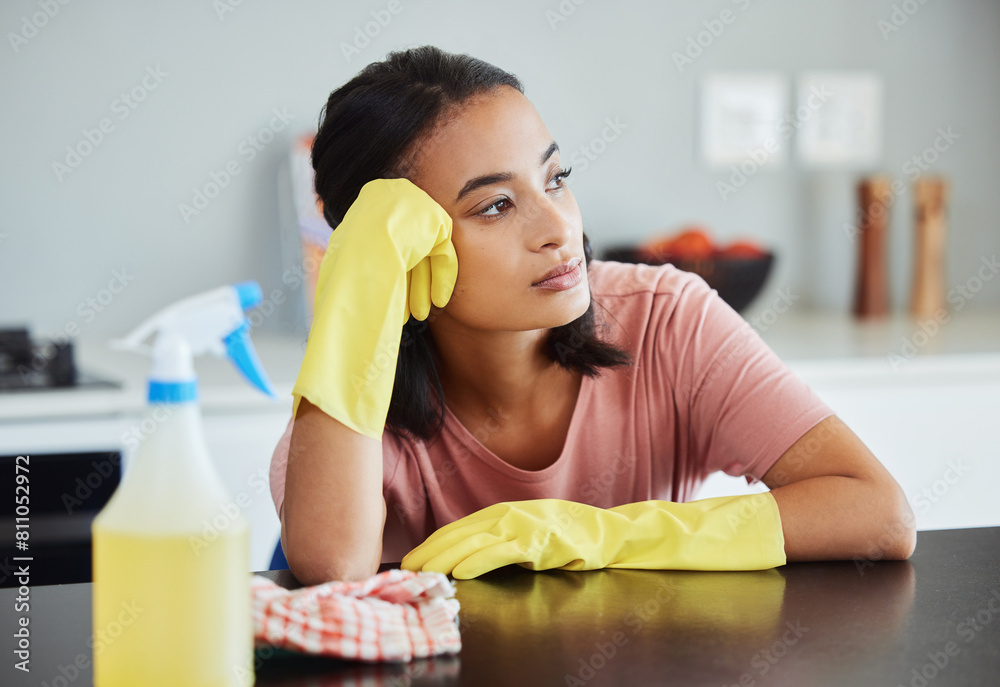 Cleaning, tired and woman in home for thinking with fatigue, bacteria ...