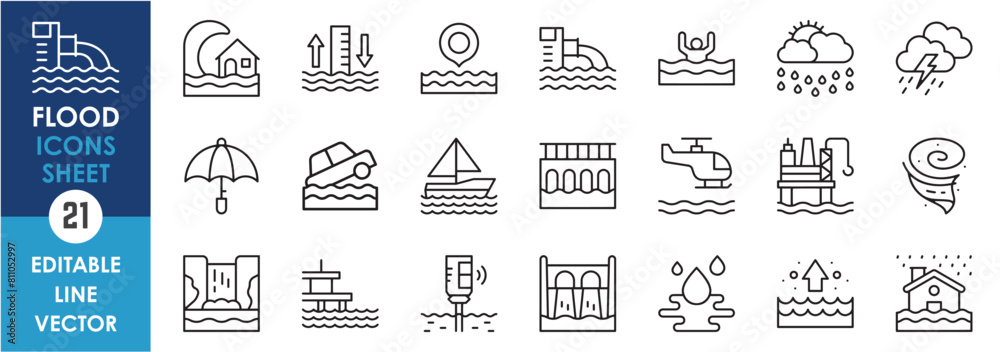 A set of linear icons related to flooding hazard. Outline icons with ...