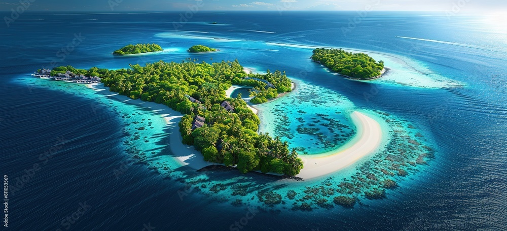 Aerial view of the Maldives shows the unique shape of the island and ...