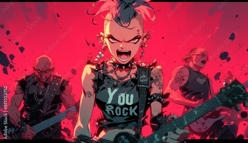 A punk rock girl with a mohawk and tattoos, screaming into the camera ...