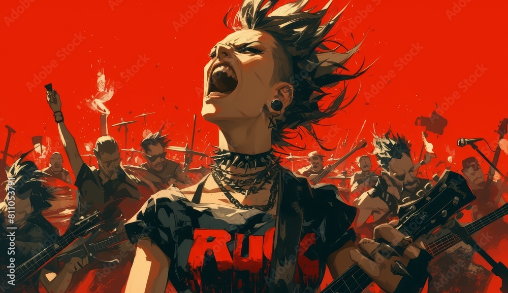 A punk rock poster of the band with an angry female singer in front ...