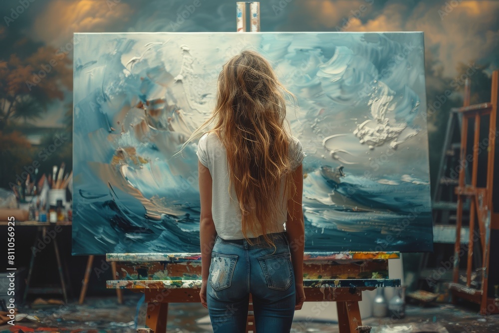 A contemplative female artist stands back to admire the swirling ...