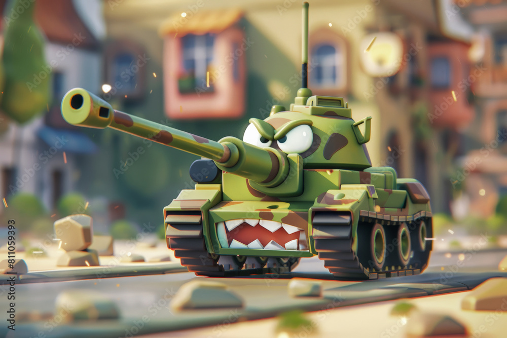 Stylized Cartoon Military Tank with Expressive Eyes in Urban Setting ...