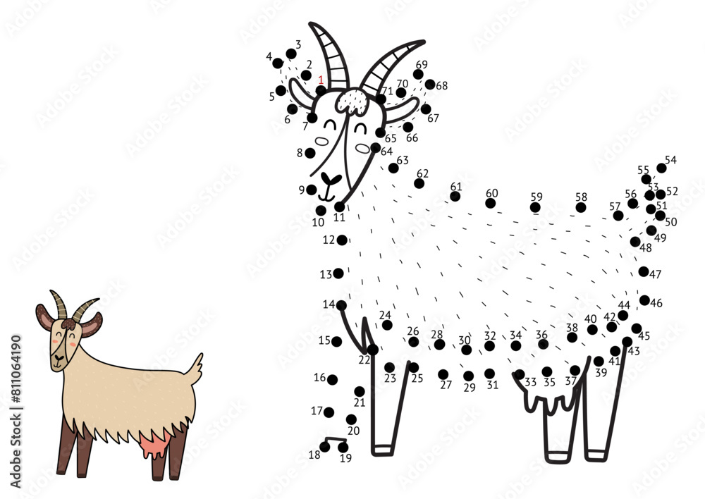 Dot to dot game for kids. Connect the dots and draw a cute goat. Farm ...
