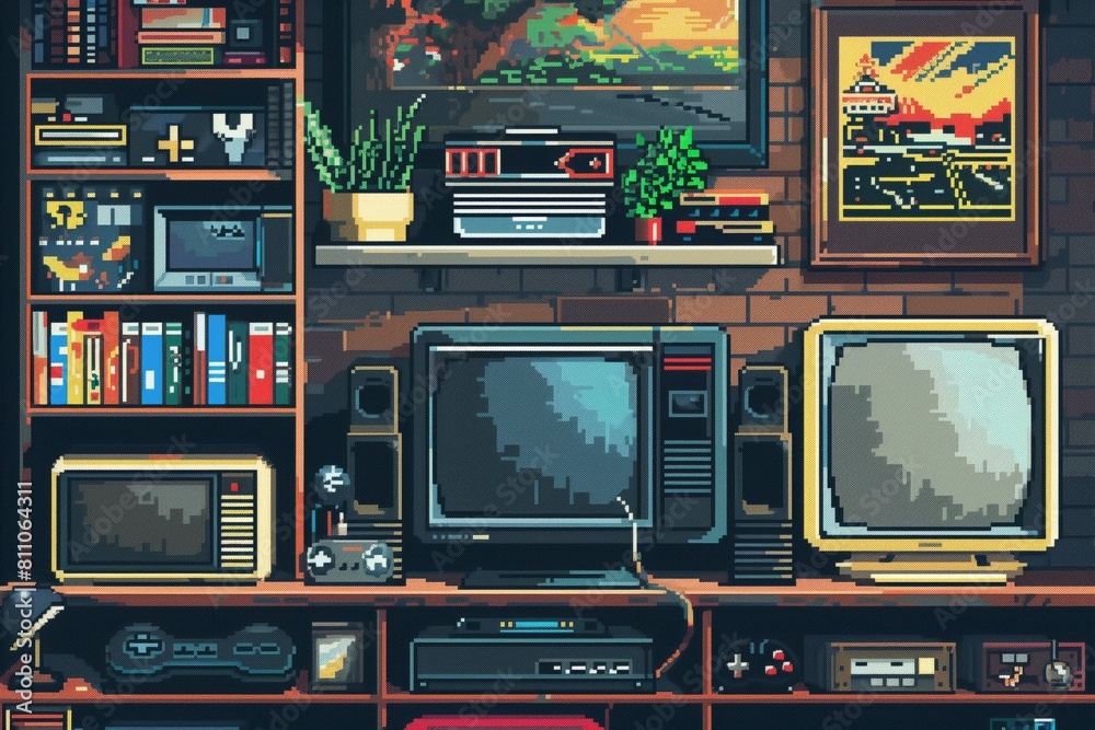 Detailed pixel art of a cozy retro gaming setup with various ...