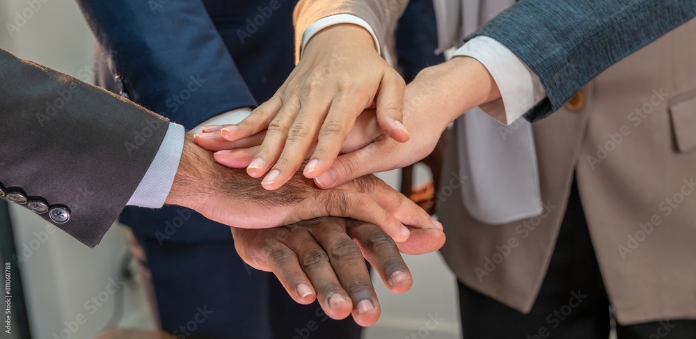 multiethnic business teamwork putting join hands together. Unity and ...