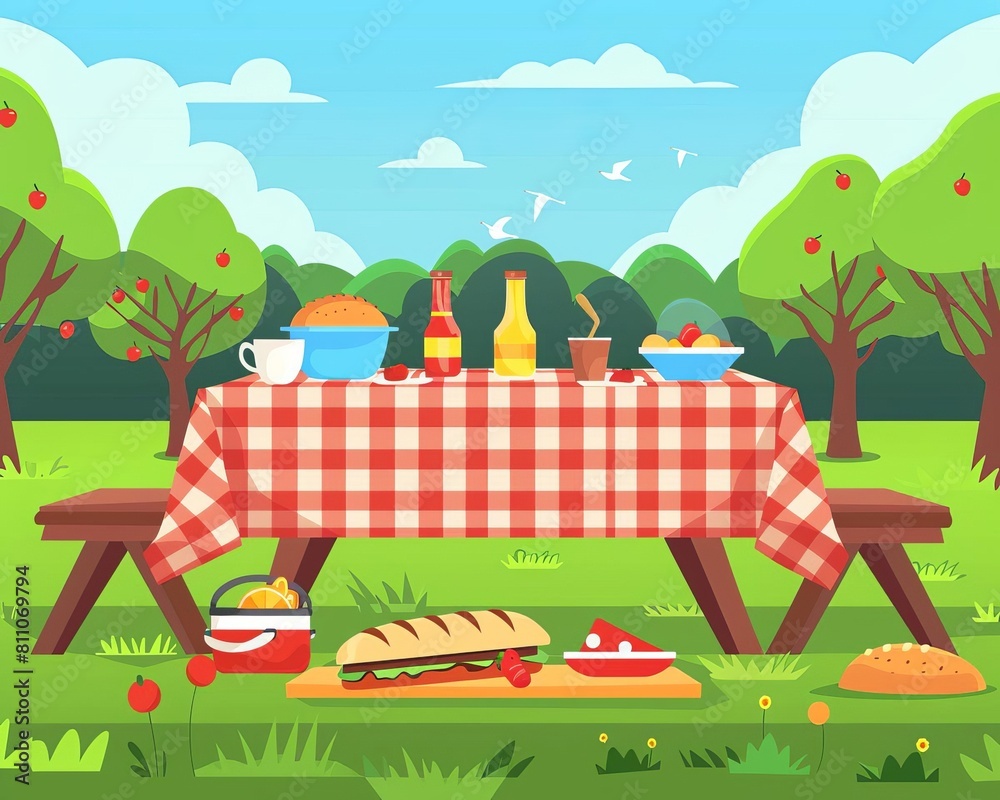 Checkered pattern picnic setup flat design side view outdoor dining ...