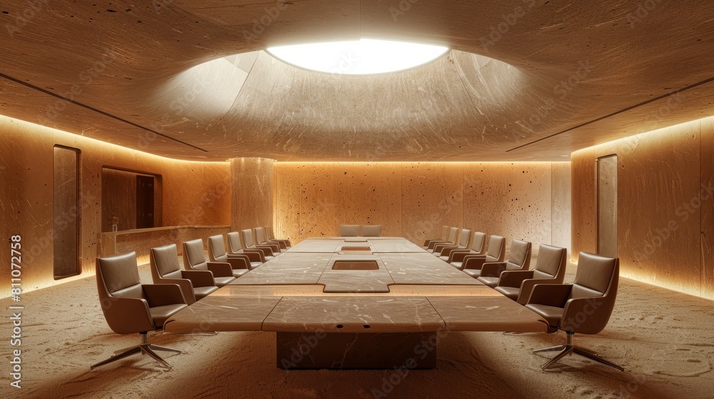 The image shows a large, modern conference room with a long table and ...