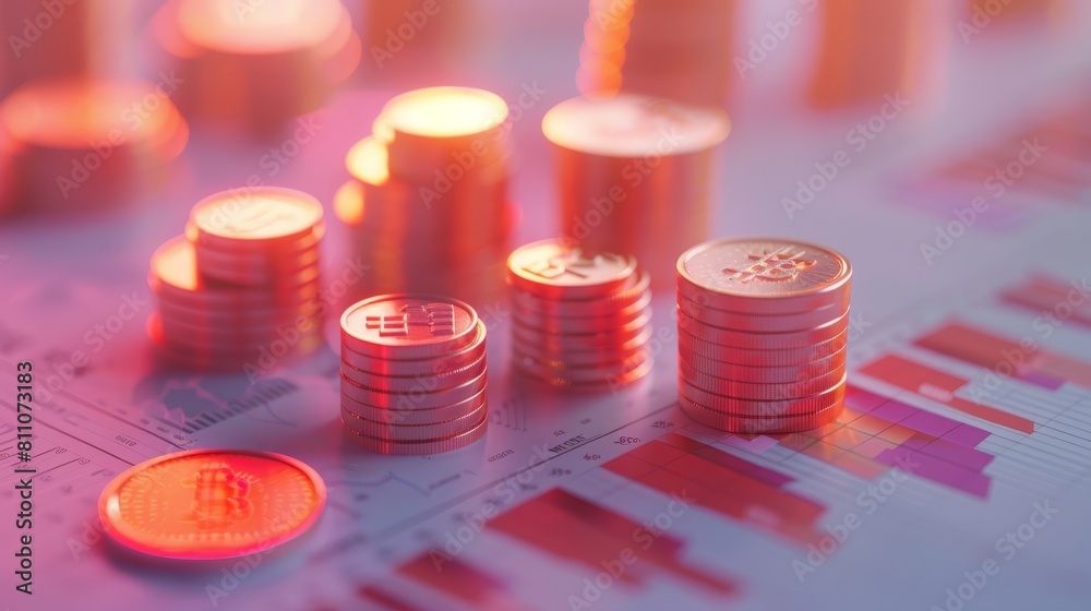 Stacks of glowing red and pink coins on a glowing pink graph background ...