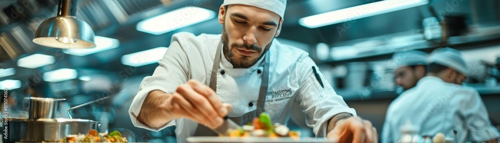An LGBTQ chef and their diverse kitchen staff preparing a gourmet meal ...