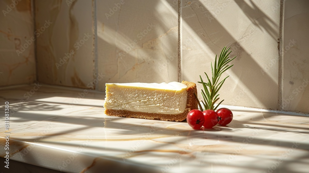 A cheesecake rests atop a kitchen counter, surrounded by cherry ...