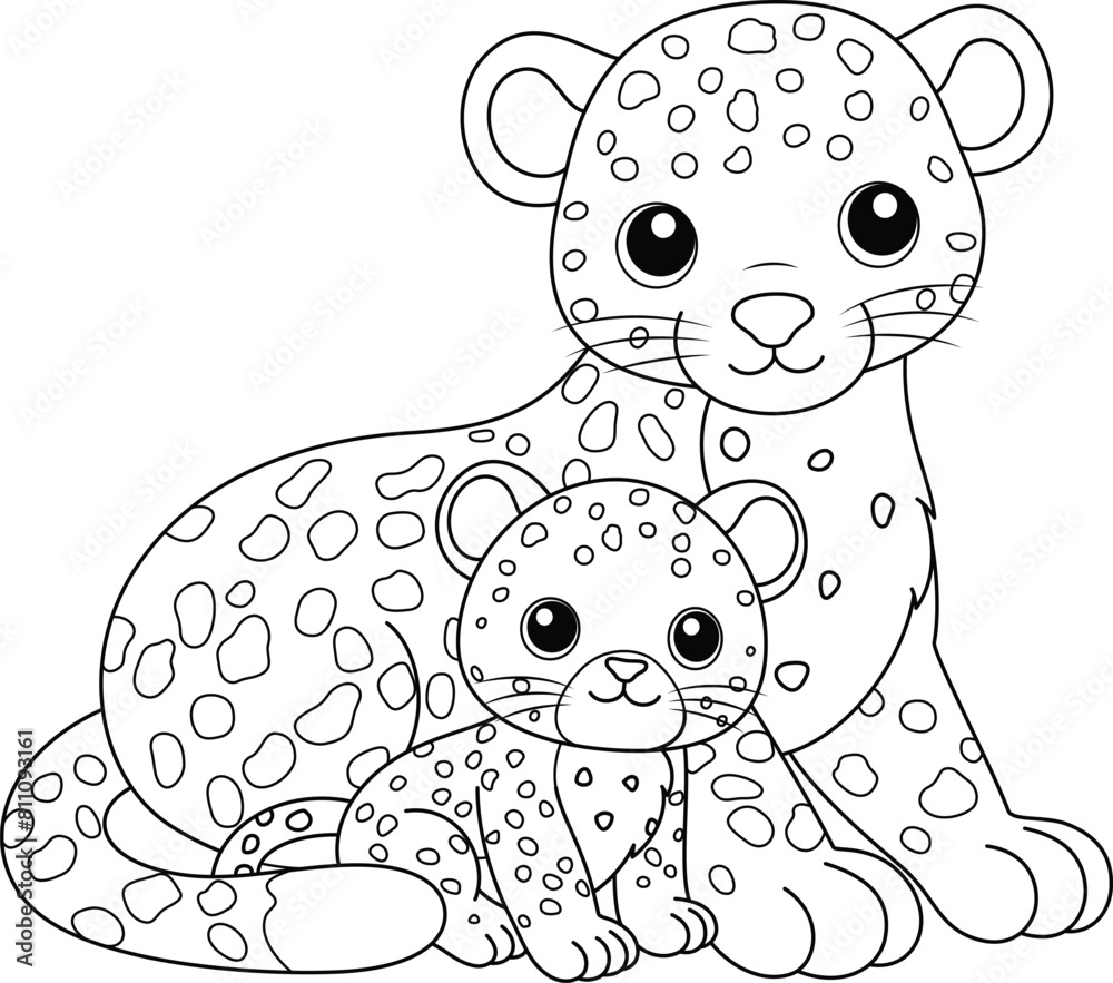 Cute kawaii leopard and baby cartoon character coloring page vector ...