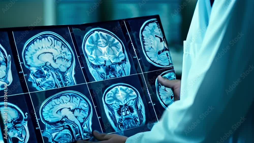 The radiologist carefully checks the image of the brain and skull for ...