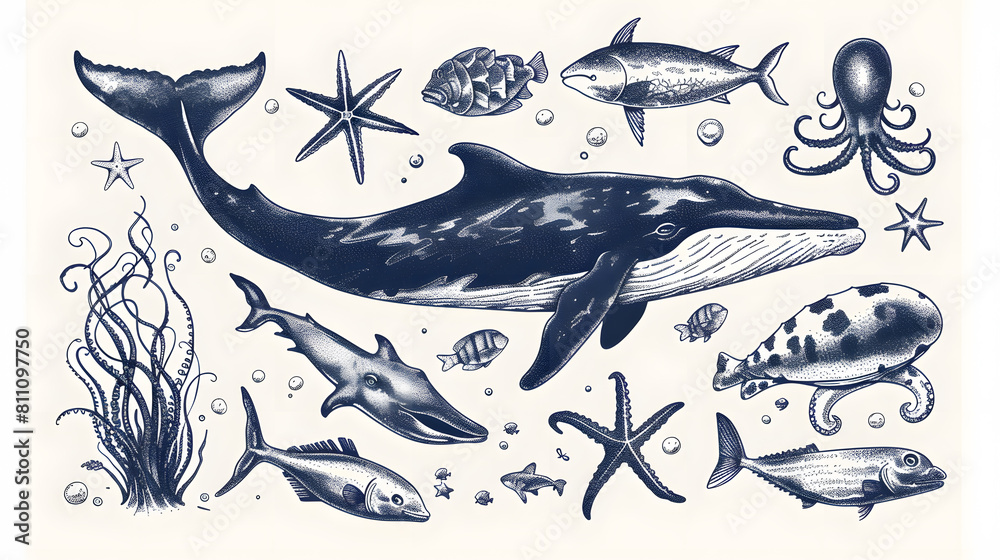 Vintage navy blue Hand drawn illustration of realistic ocean animals ...
