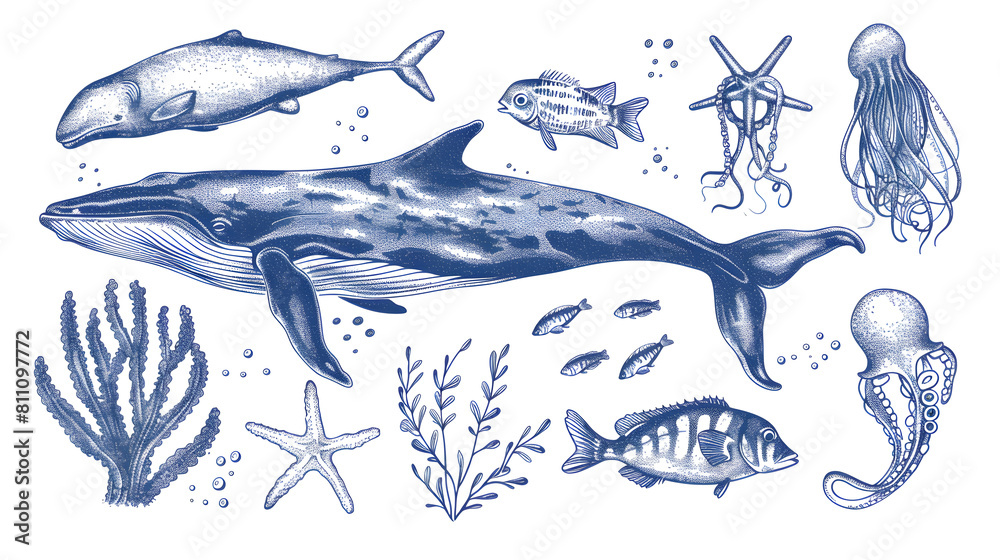 Vintage navy blue Hand drawn illustration of realistic ocean animals ...
