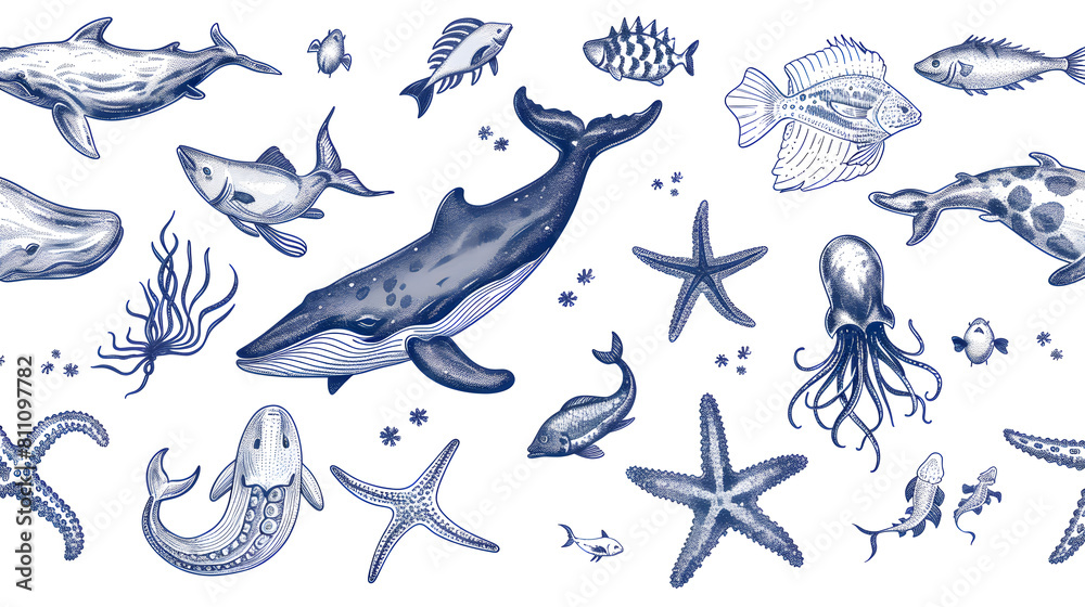 Vintage navy blue Hand drawn illustration of realistic ocean animals ...