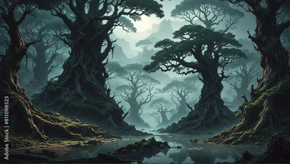 Twisted tree jungle with giant trees, dark fantasy setting, misty ...