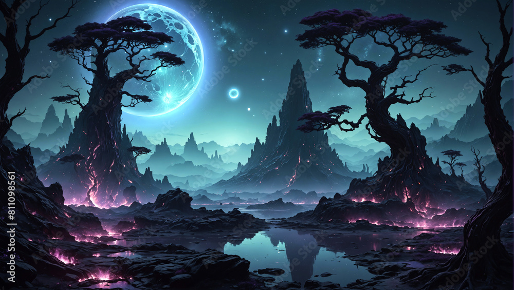 Primordial earth after creation, purple flames and trees, blue moon and ...