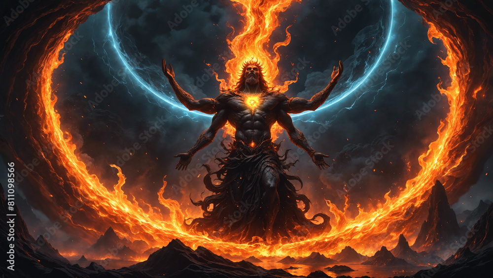 Creation myth, mythological four handed god is conjuring planes of fire ...