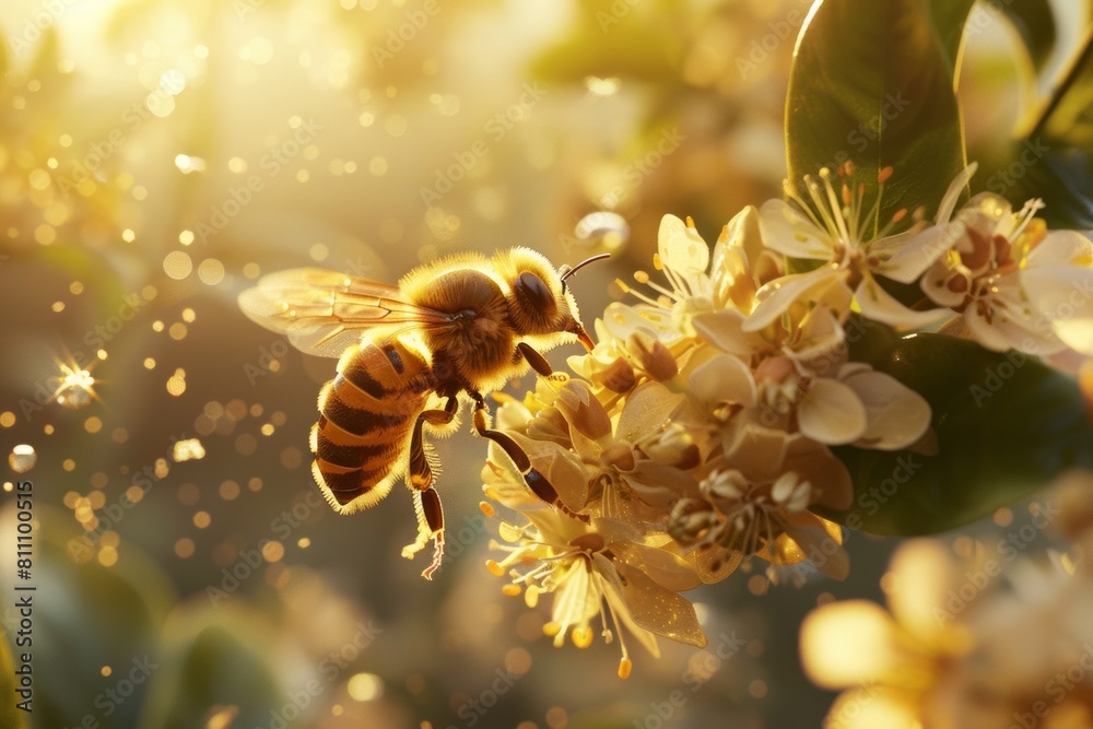 Detailed close-up of a bee gathering nectar from flowers and ...