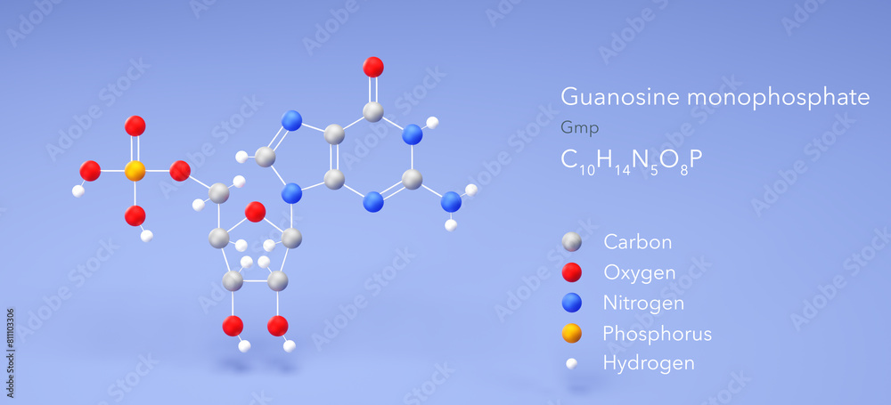 guanosine monophosphate molecule, molecular structures, phosphate, 3d ...