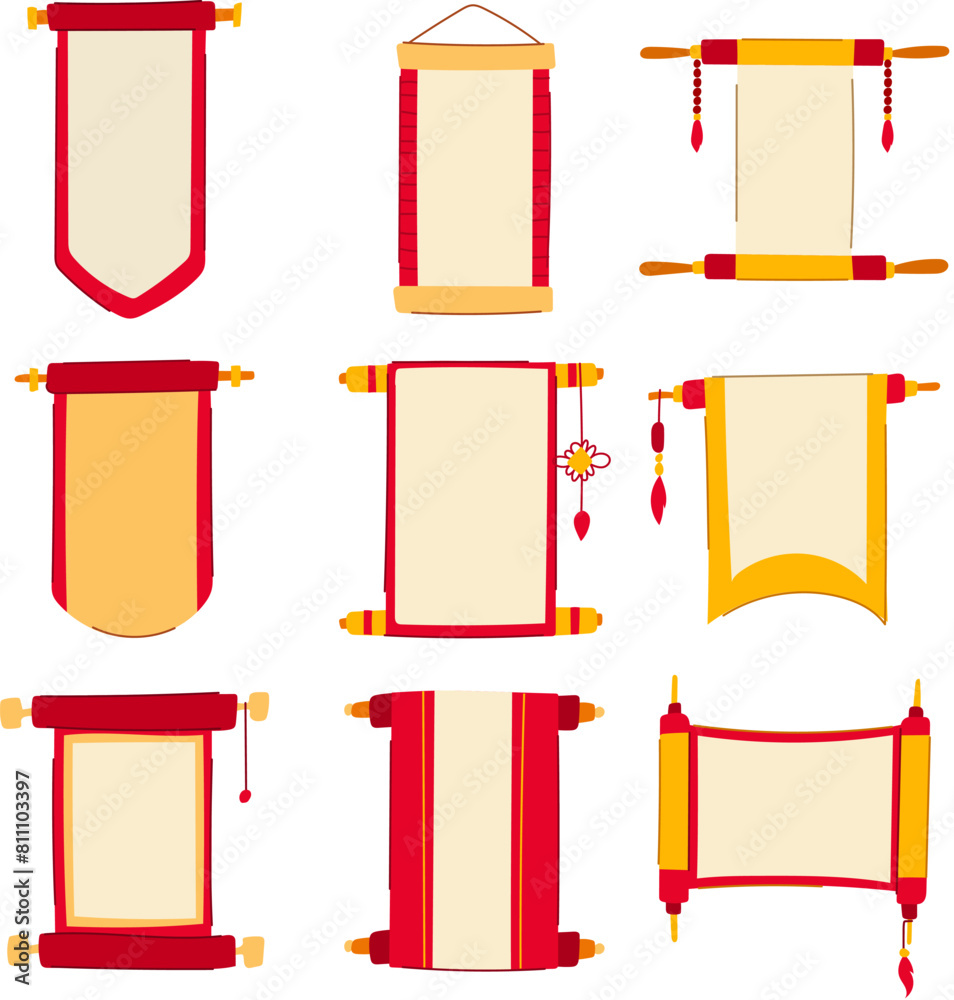chinese scroll set cartoon. paper china, banner red, year golden ...