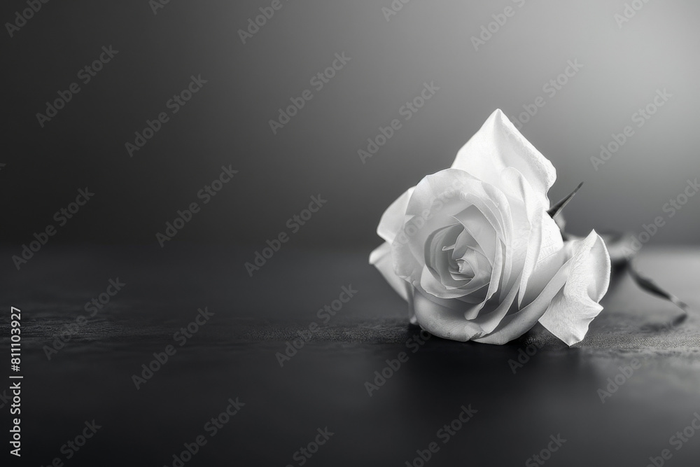 Single white rose lies on a dark surface, symbolizing mourning and ...