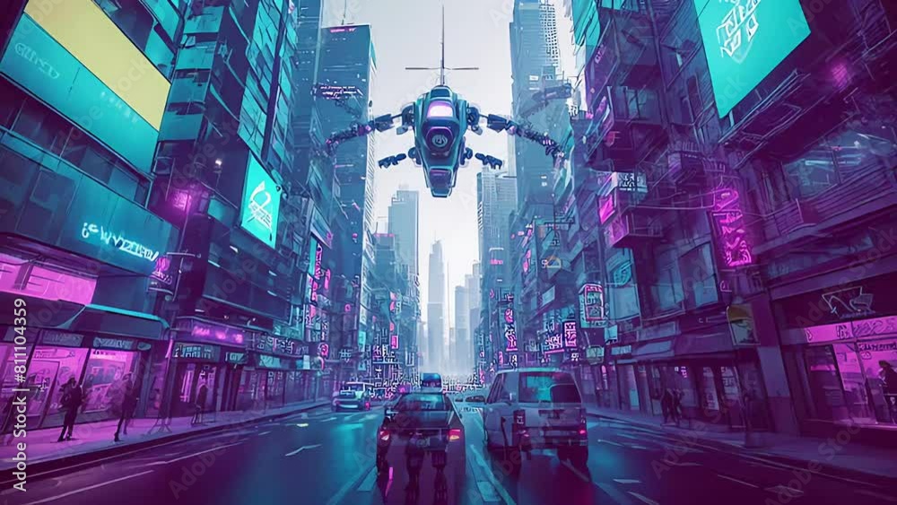 Futuristic cyberpunk urban animation in neon purple colors of city ...