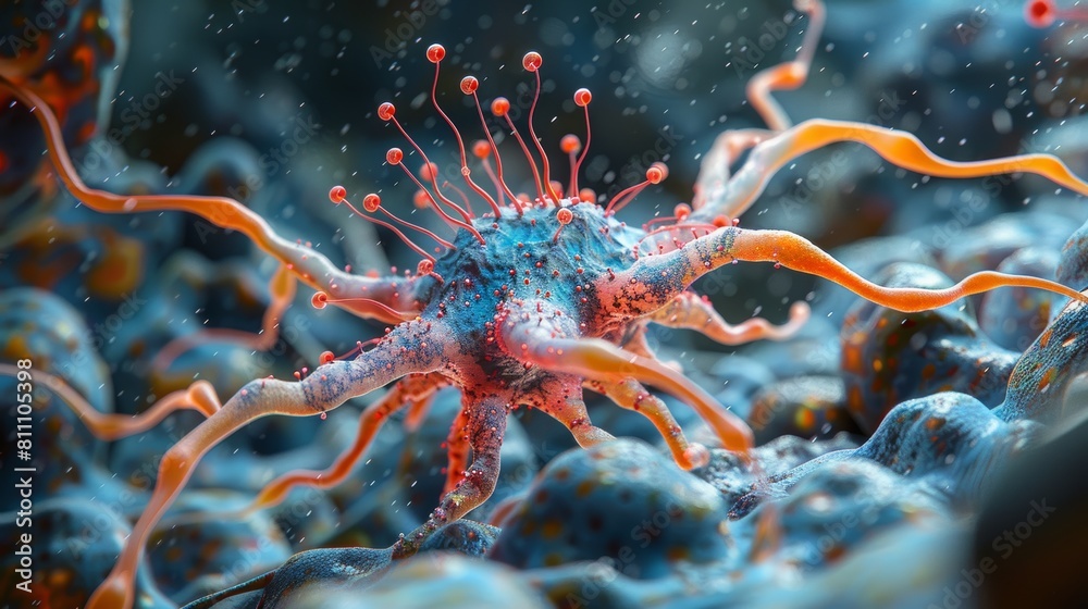 The image shows a cancer cell. The cancer cells are blue and the ...