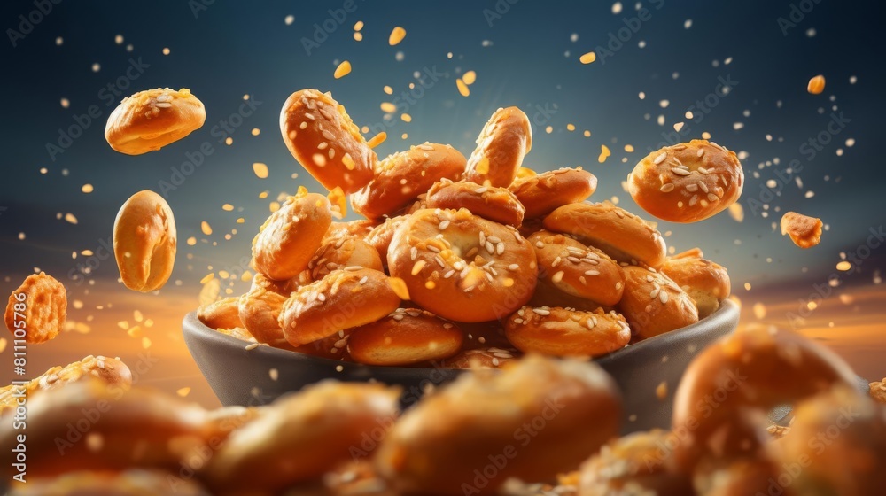 An epic stylized advertise photo of Soft Pretzel Bites bursting ...