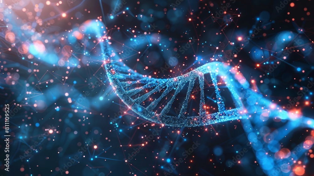 The image shows a glowing blue and pink double helix representing DNA ...