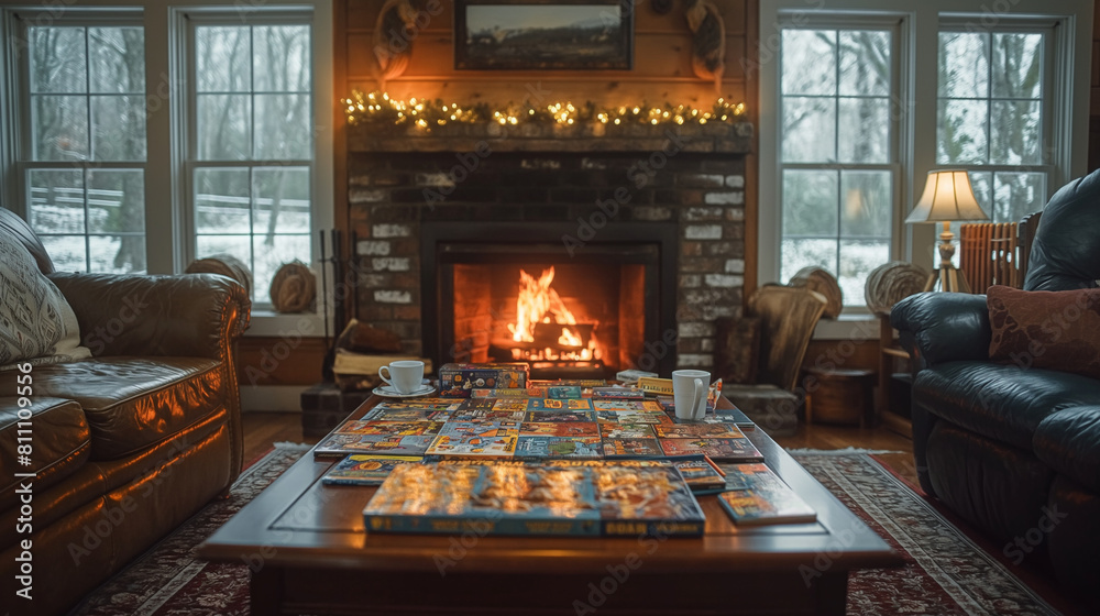 A dramatic photograph featuring a family game night in the cozy living ...