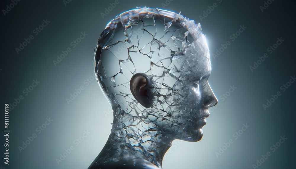 Human head made of fragile glass, with cracks beginning to form ...