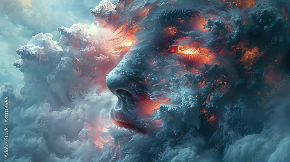 The image shows a man's face composed of clouds and lightning. The face ...