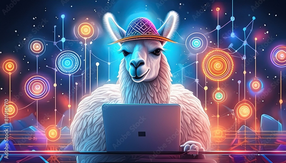 Ein Lama mit Hut sitzt am Computer und interagiert mit der Cloud ...