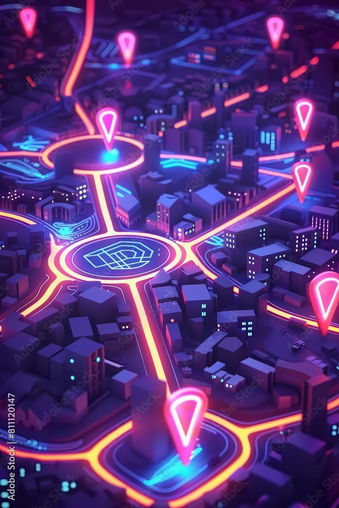 Technology Concept : Animated screen of a city map app with GPS pins ...
