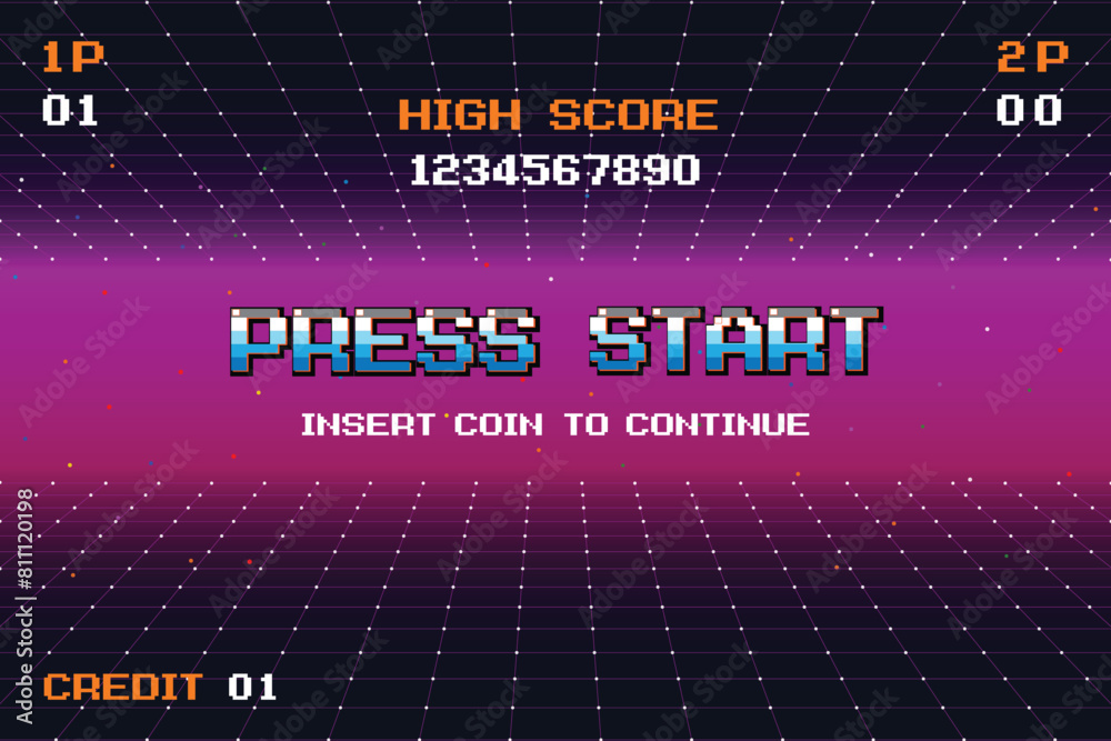 PRESS START INSERT A COIN TO CONTINUE .pixel art .8 bit game. retro ...