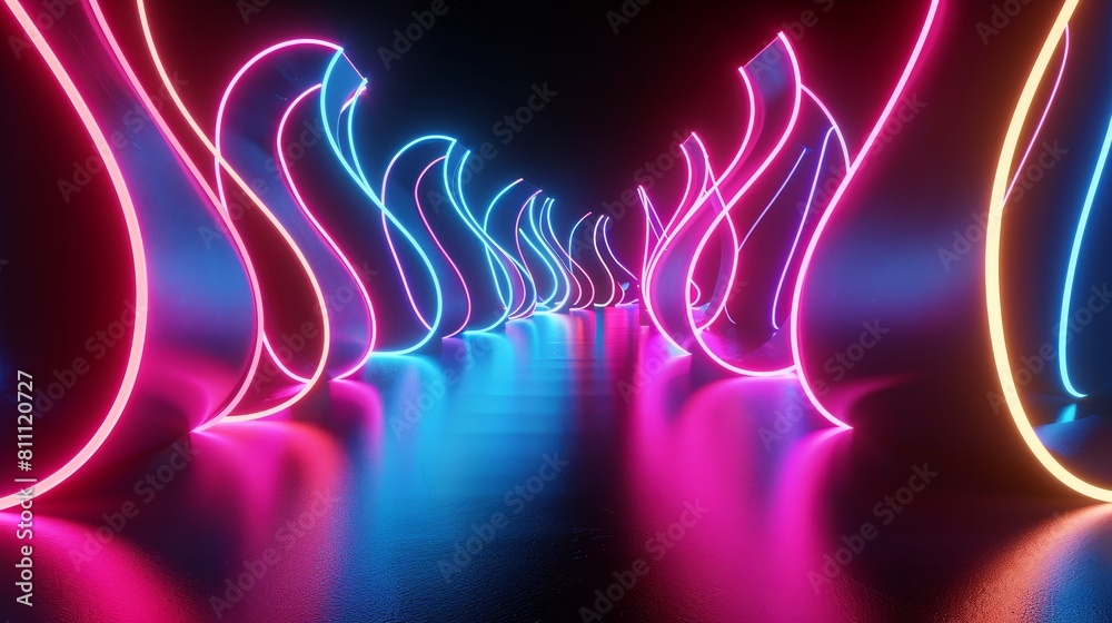 Futuristic display of curving neon lights in vivid pink, blue, and ...