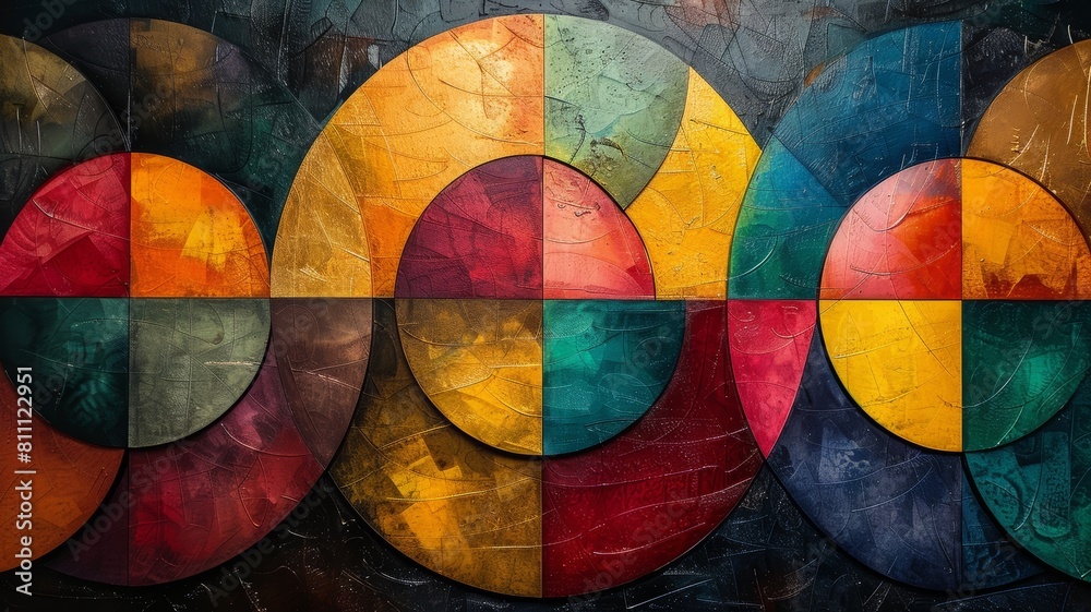 This abstract painting features a series of interlocking circles, each ...