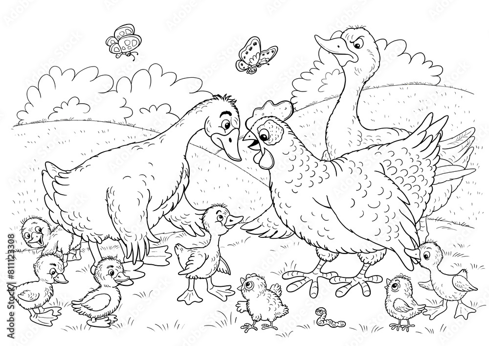 Ugly duckling. Fairy tale. Coloring page. Coloring book. Illustration ...