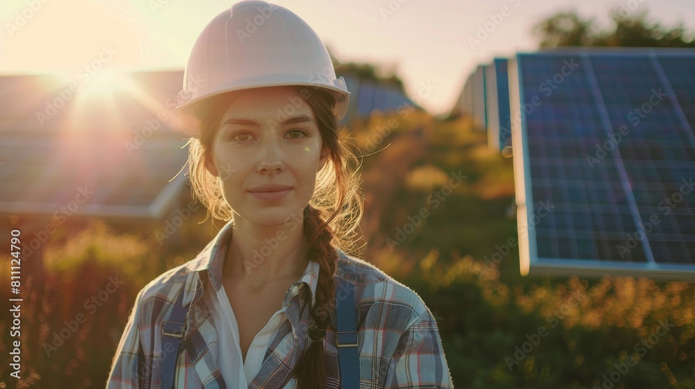 engineer woman. European. In front of the camera. We can see her face ...