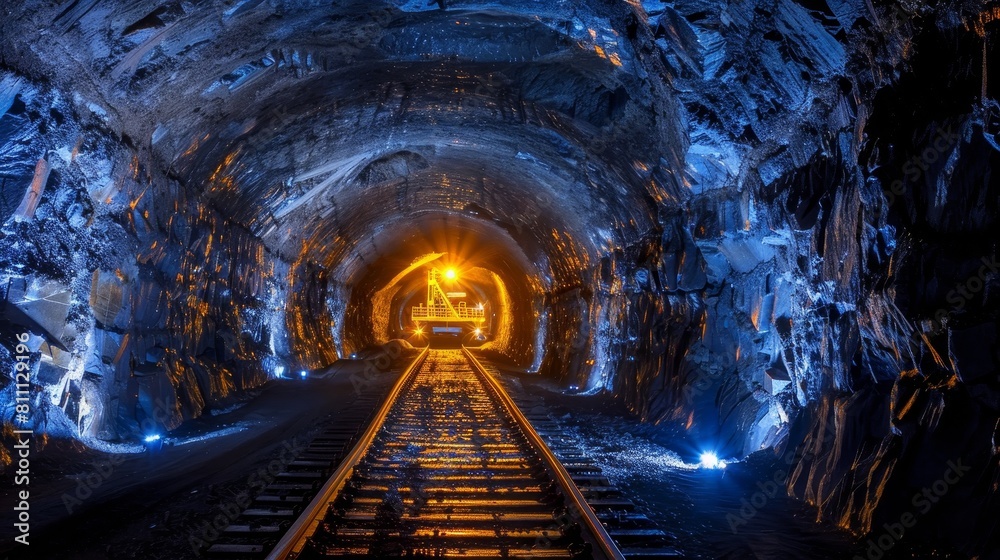 An underground tunnel lined with intricate mining machinery and ...