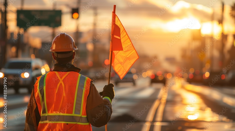 A flagger wearing a hard hat and reflective vest stands in the middle ...