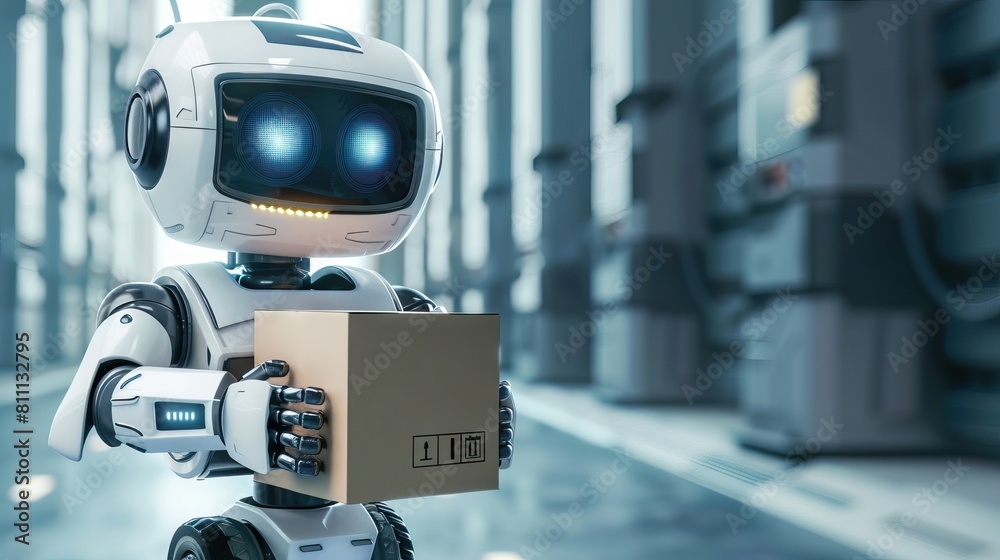 Cute robot collecting parcels isolated over purple background ...