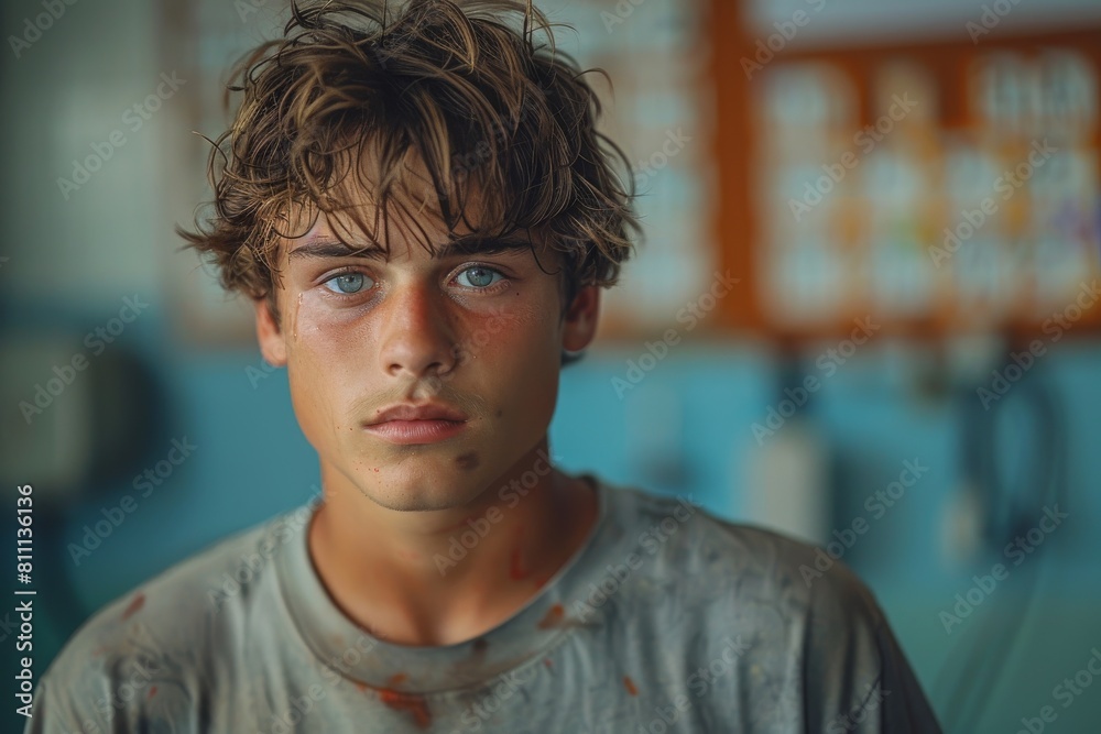 Teenage boy with a bruised face in a contemplative mood, in a school ...