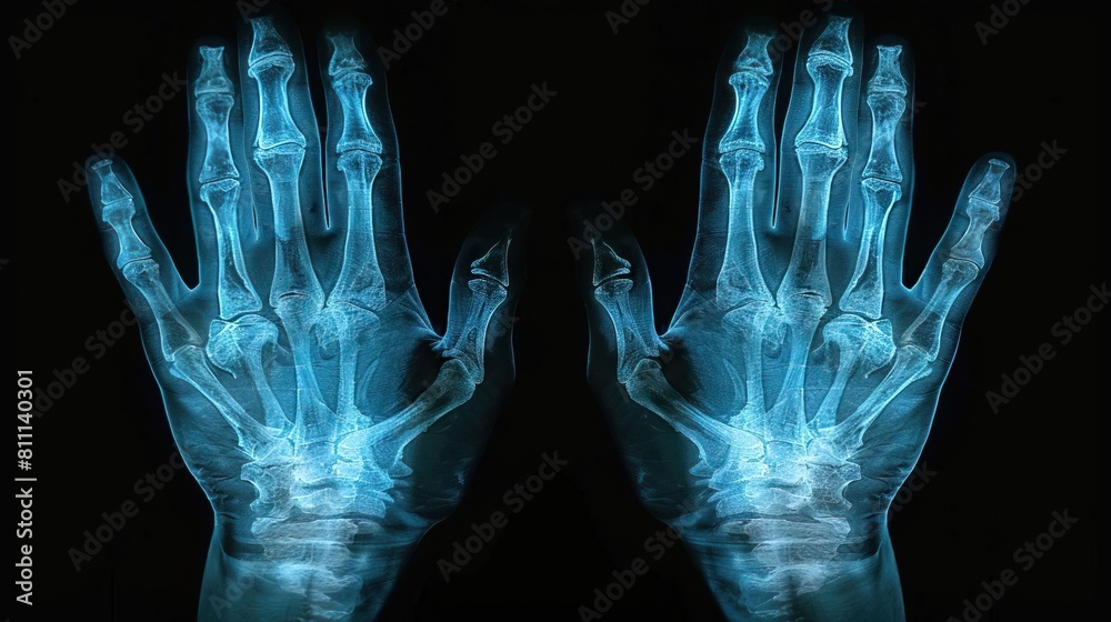 A comprehensive Xray of the hands in soft blue, revealing bone details ...