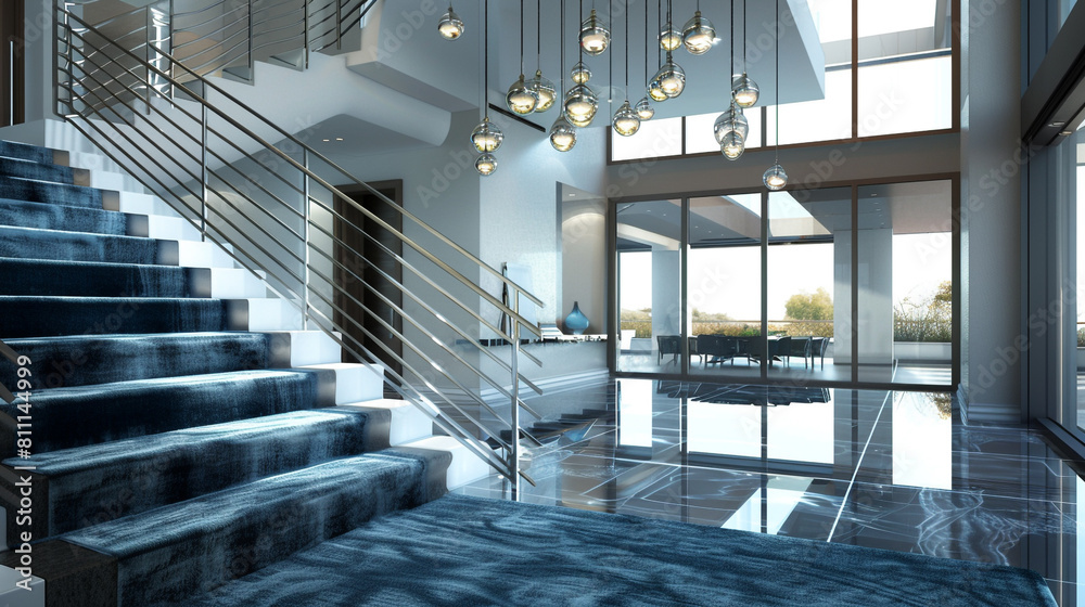 Contemporary foyer in a luxury mansion with icy blue carpeted stairs ...